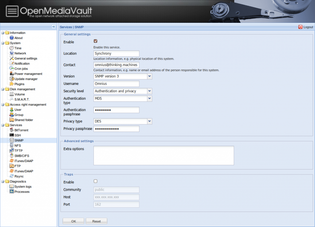Add SNMP v3 support | openmediavault